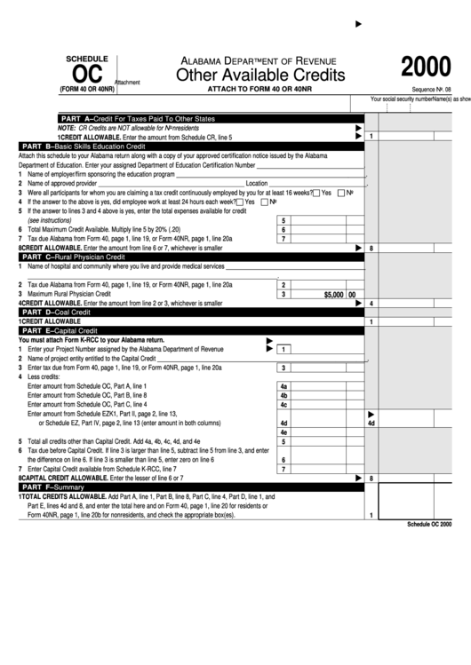 Shedule Oc (Form 40 Or 40nr) - Other Available Credits - 2000 printable ...