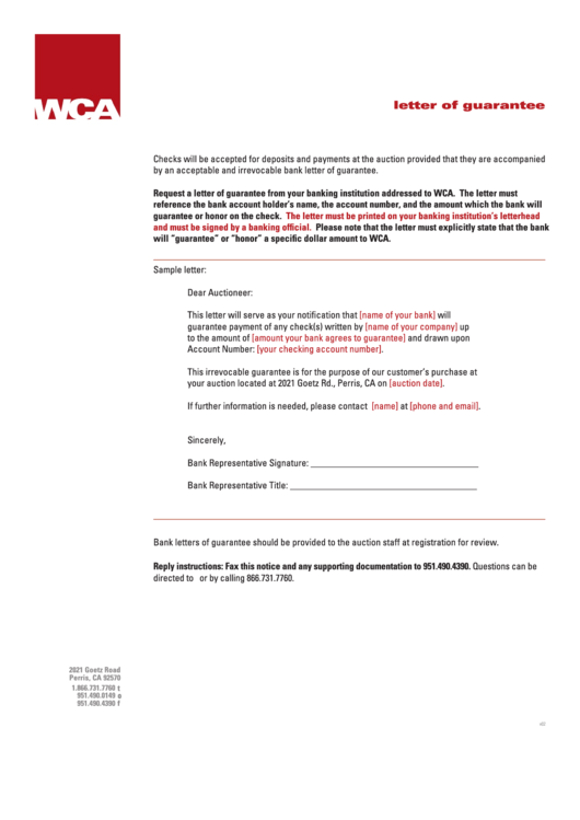 Bank Letter Of Guarantee Sample Printable Pdf Download