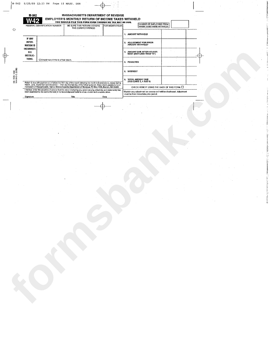 Form W42 - Employer'S Monthly Return Of Income Taxes Withheld printable ...