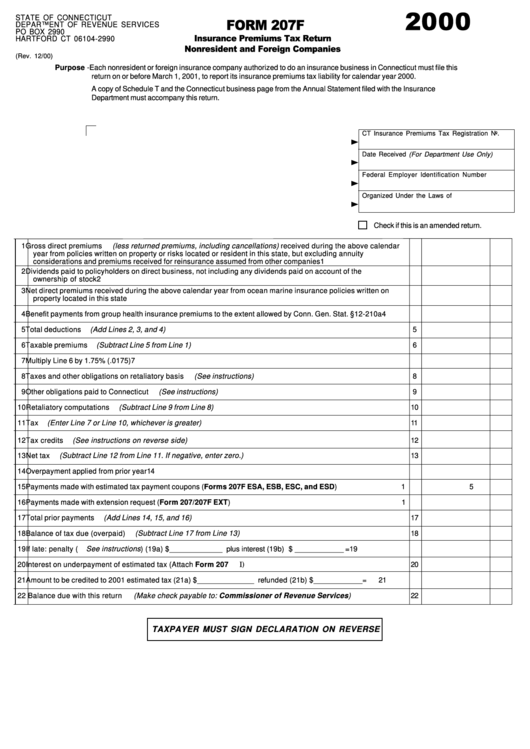 Form 207f - Insurance Premiums Tax Return - Nonresident And Foreign ...