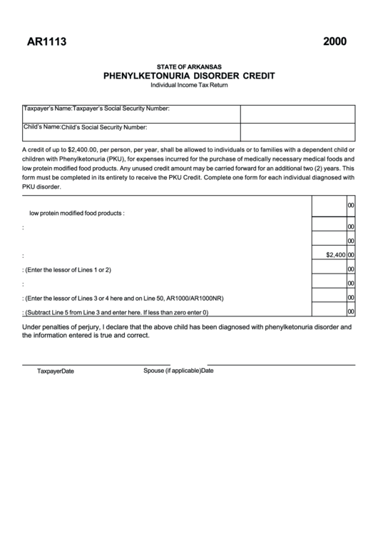 Form Ar1113 - Phenylketonuria Disorder Credit - Individual Income Tax ...