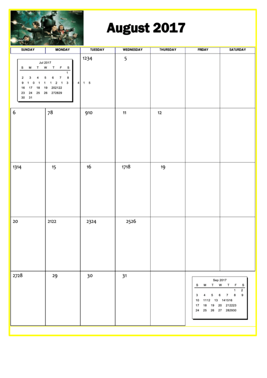 Star Wars August 2017 Calendar Template printable pdf download