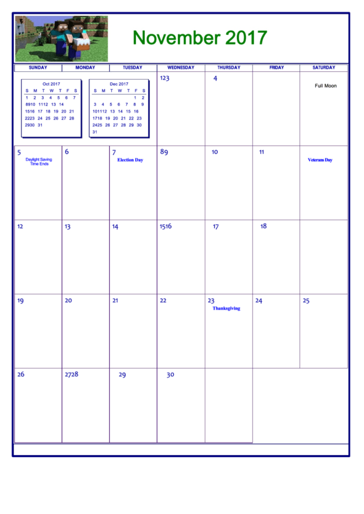 Minecraft November 2017 Calendar Template printable pdf download