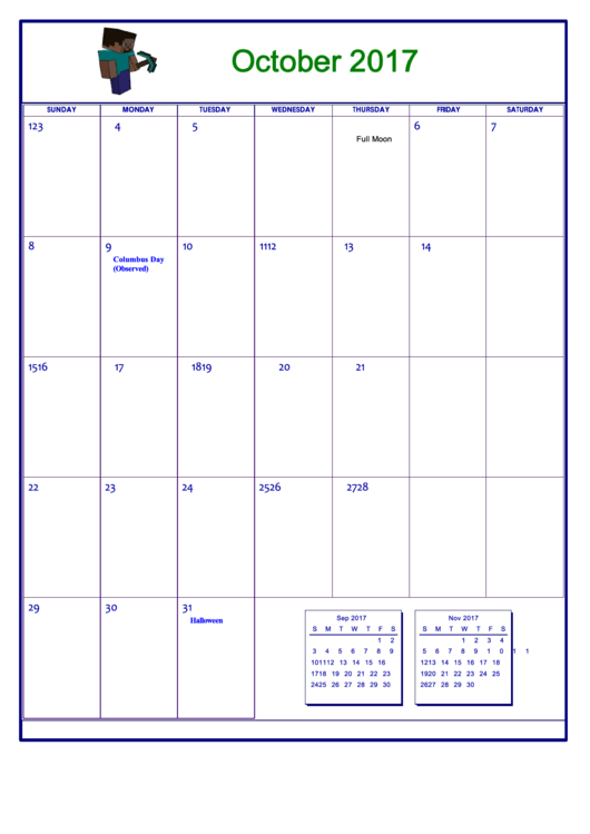 Minecraft October 2017 Calendar Template printable pdf download