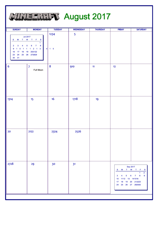 Minecraft August 2017 Calendar Template printable pdf download