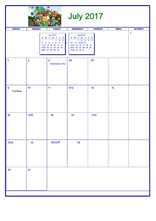 Minecraft July 2017 Calendar Template printable pdf download