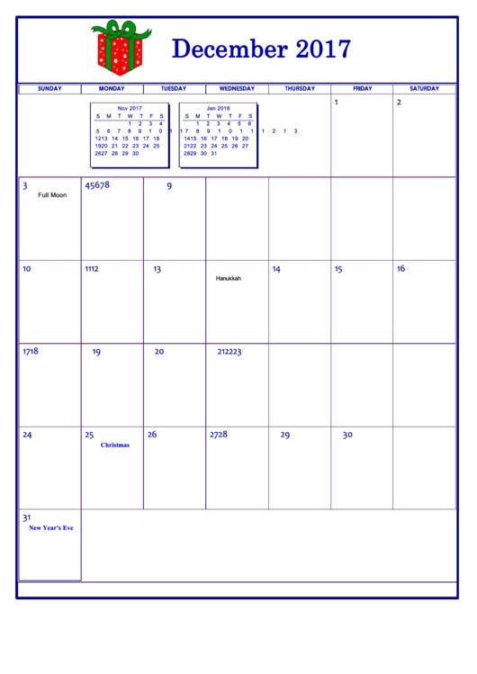 Holiday December 2017 Calendar Template printable pdf download