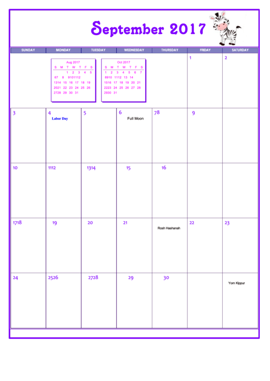 Cute Animals September 2017 Calendar Template printable pdf download