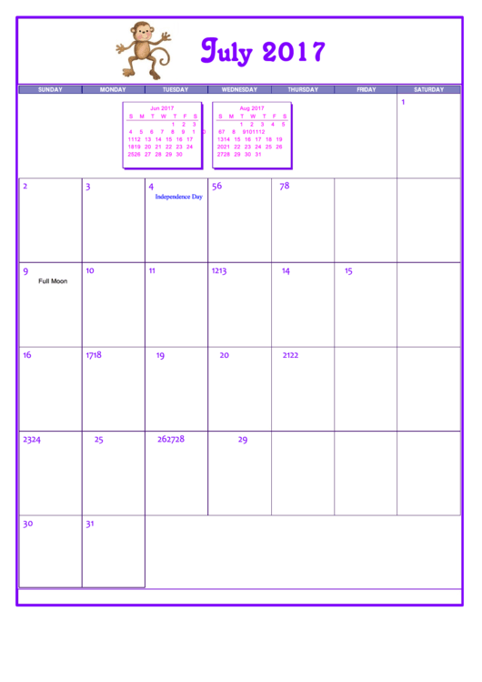 Cute Animals July 2017 Calendar Template printable pdf download