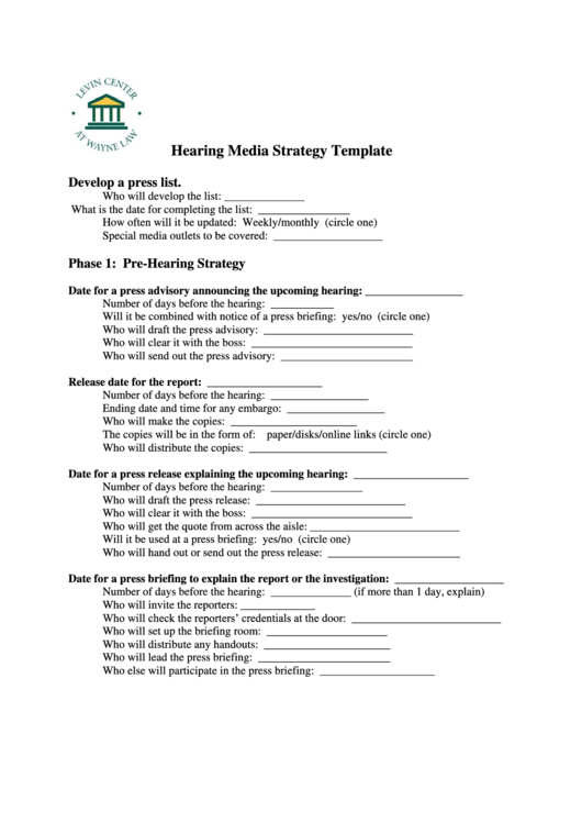 Hearing Media Strategy Template printable pdf download