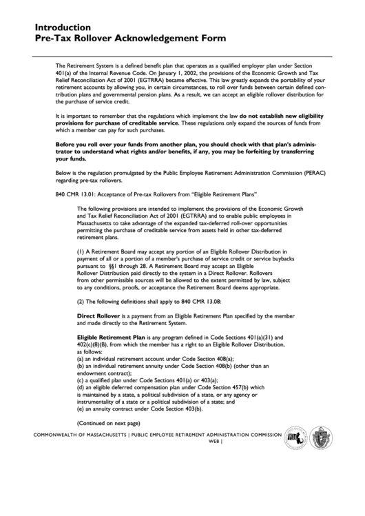 Fillable Pre-Tax Rollover Acknowledgement Form - Middlesex County ...