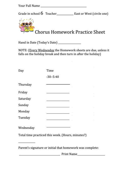 Chorus Homework Practice Sheet printable pdf download