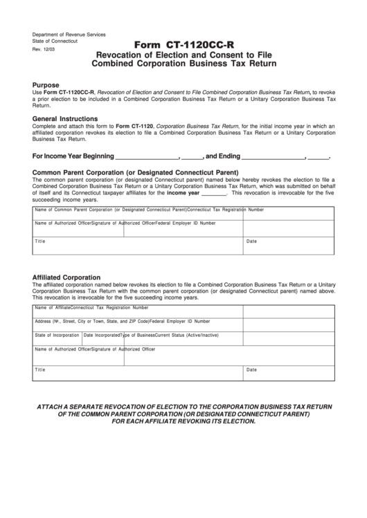 Form Ct-1120cc-R - Revocation Of Election And Consent To File Combined ...