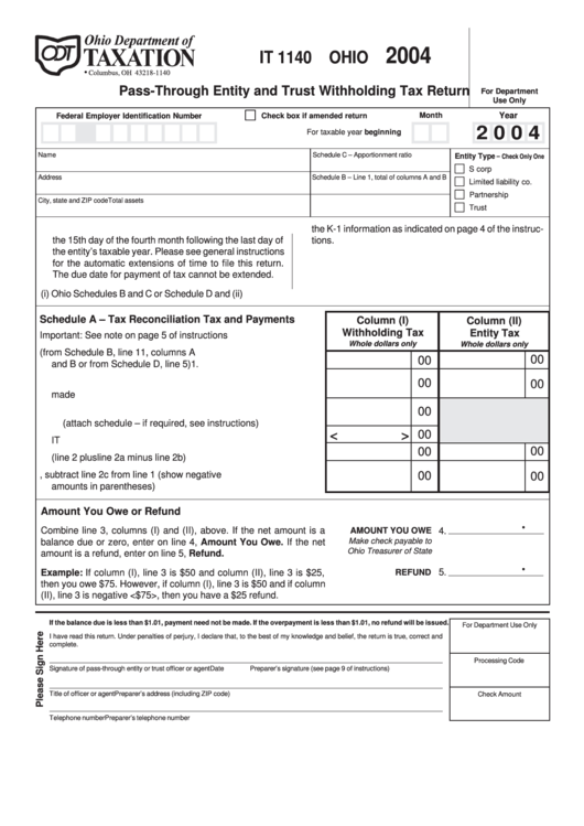 Form It 1140 - Pass-Through Entity And Trust Withholding Tax Return ...