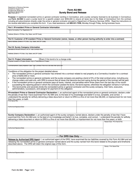 Form Au-964 - Surety Bond And Release printable pdf download