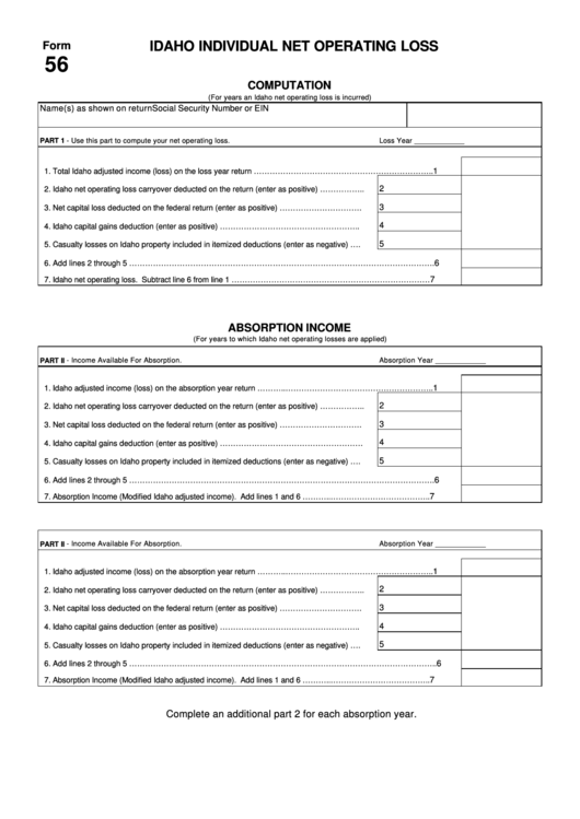 Form 56 - Idaho Individual Net Operating Loss - Computation printable ...