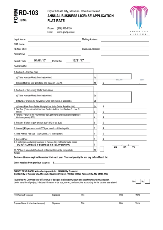Form Rd-103 - Annual Business License Application - Flat Rate printable ...