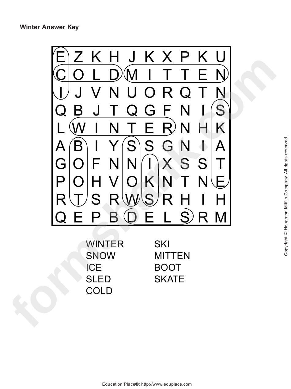 Winter Word Search Puzzle Template With Answers Printable Pdf Download