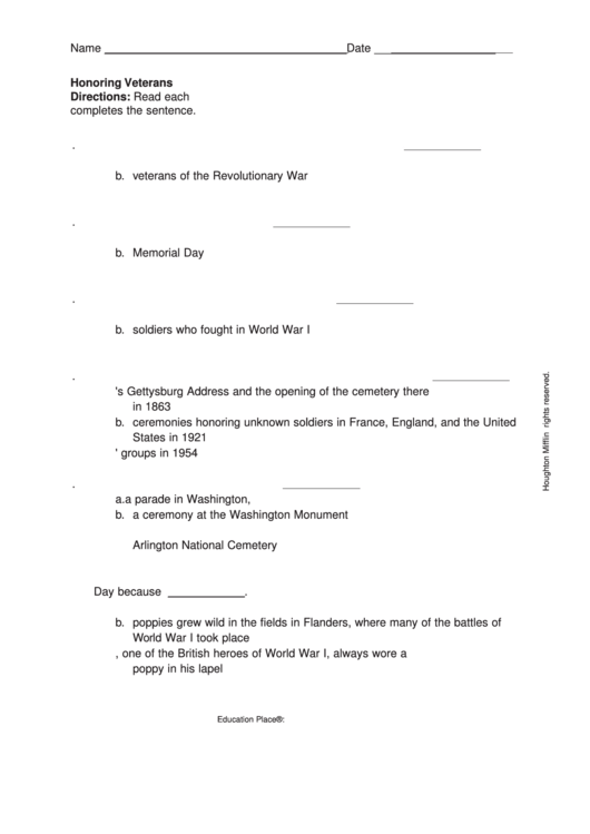 Honoring Veterans Worksheet printable pdf download