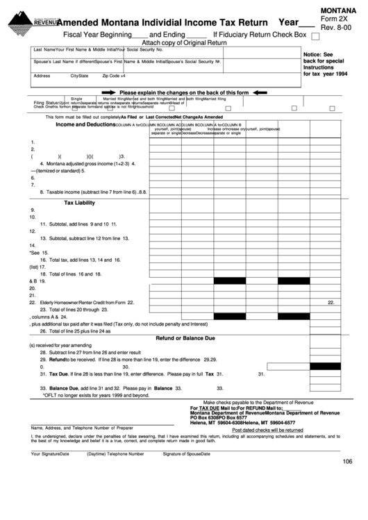 Montana Form 2x - Amended Montana Individial Income Tax Return - 2000 ...