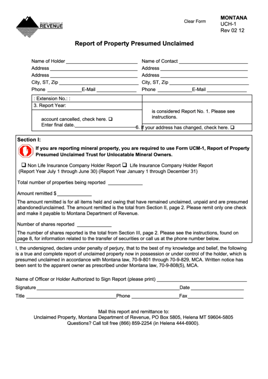 Fillable Montana Form Uch-1 - Report Of Property Presumed Unclaimed ...