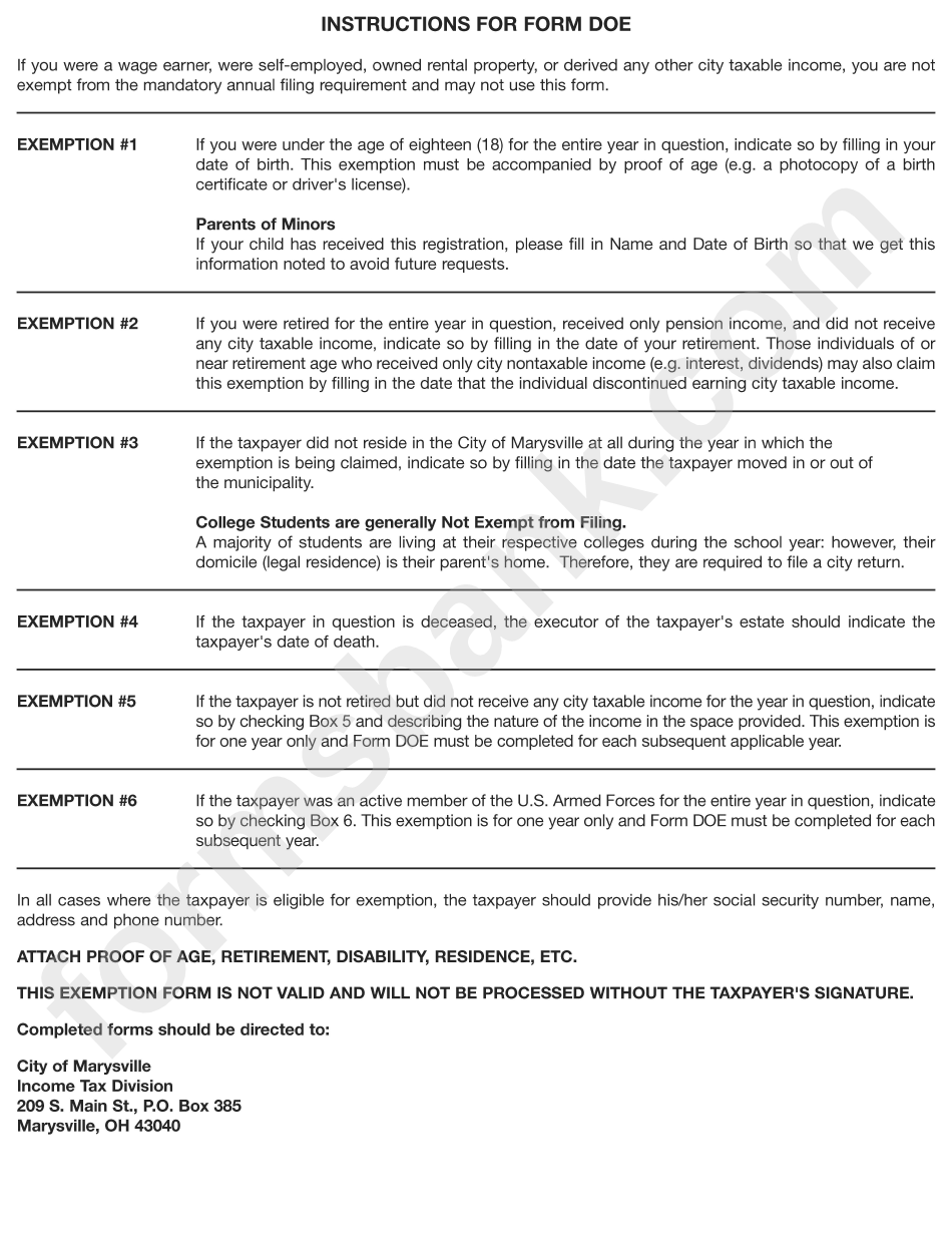 Instructions For Form Doe - City Of Marysville printable pdf download