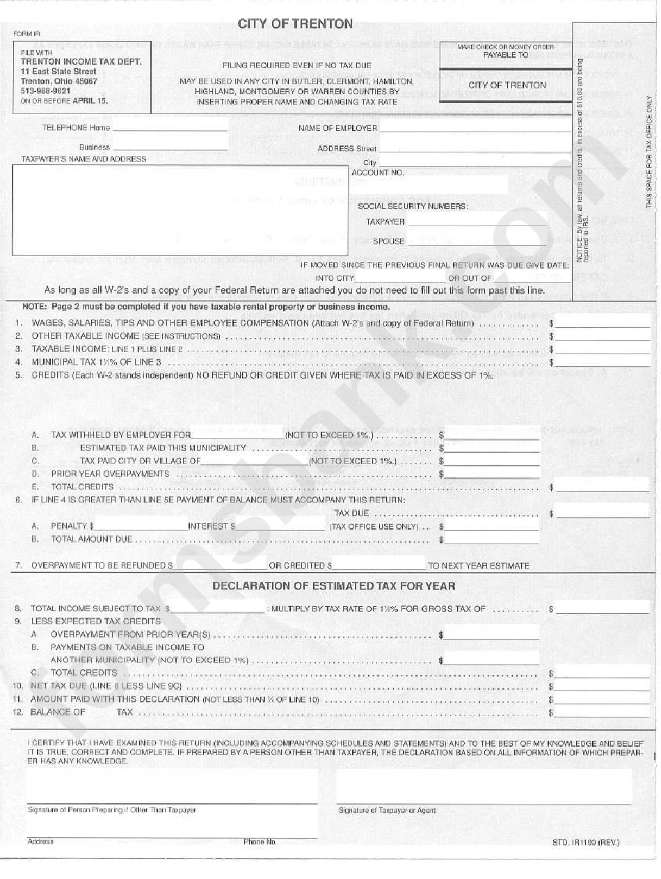 Form Ir - Declaration Of Estimated Tax - City Of Trenton printable pdf ...