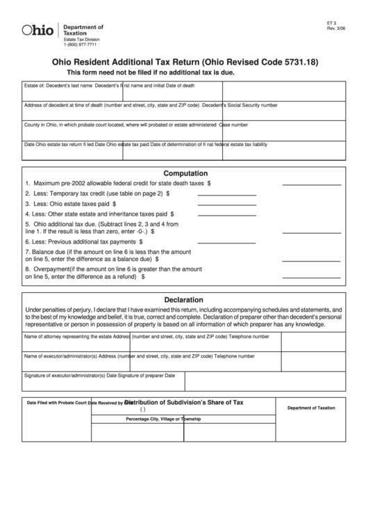 Fillable Form Et 3 - Ohio Resident Additional Tax Return printable pdf ...