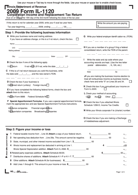 Fillable Form Il-1120 - Corporation Income And Replacement Tax Return ...