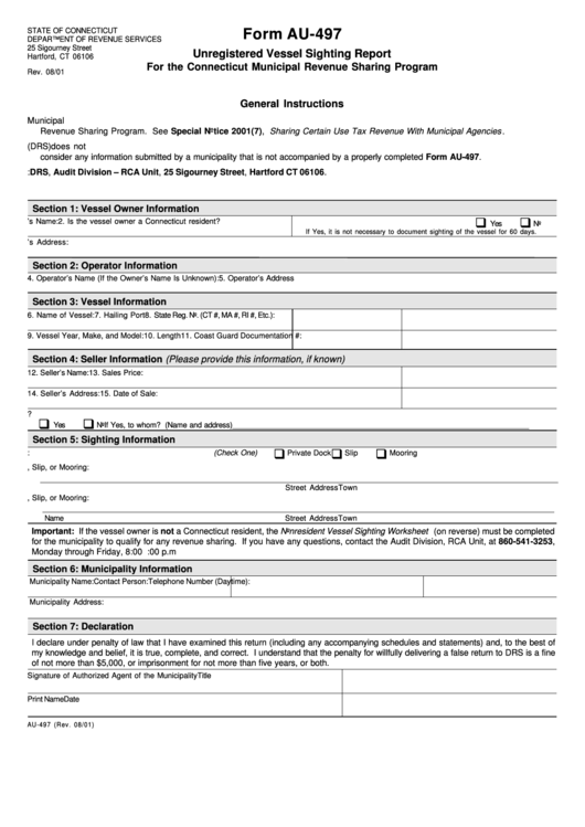 Form Au-497 - Unregistered Vessel Sighting Report For The Connecticut ...