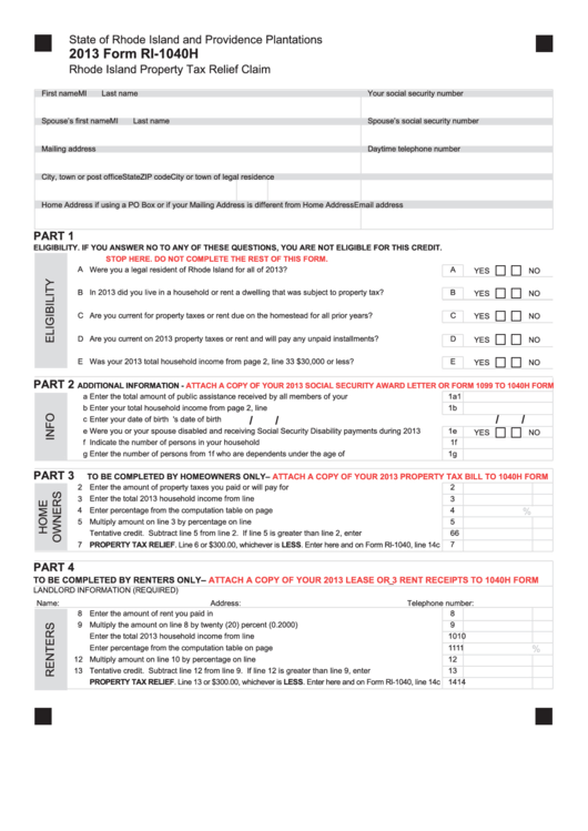 Fillable Form Ri-1040h - Rhode Island Property Tax Relief Claim - 2013 ... Fillable Form Ri-1040h - Rhode Island Property Tax Relief Claim - 2013 ...