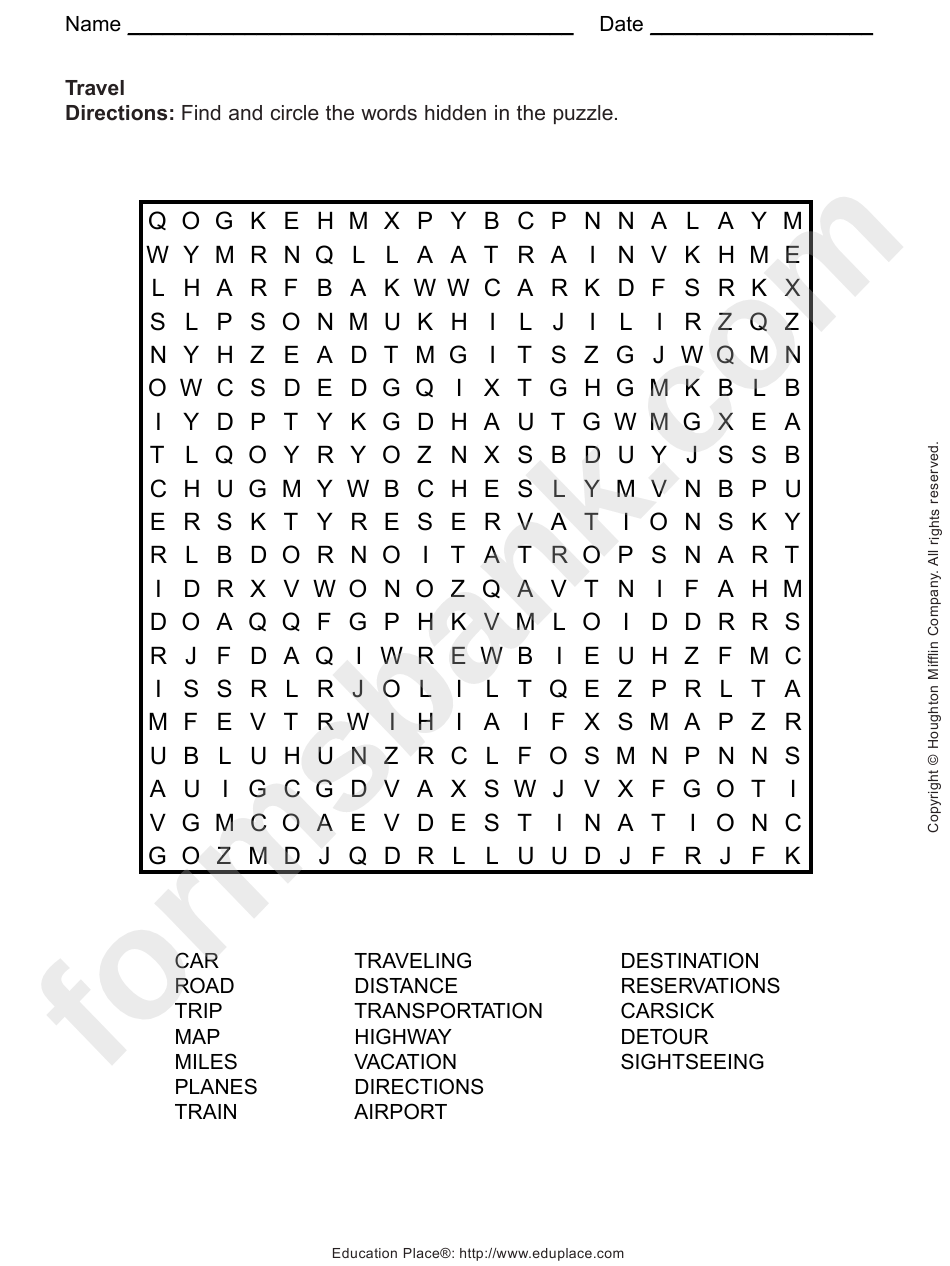 Travel Word Search Puzzle printable pdf download