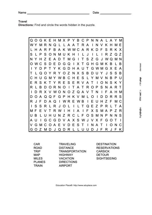 Travel Word Search Puzzle printable pdf download