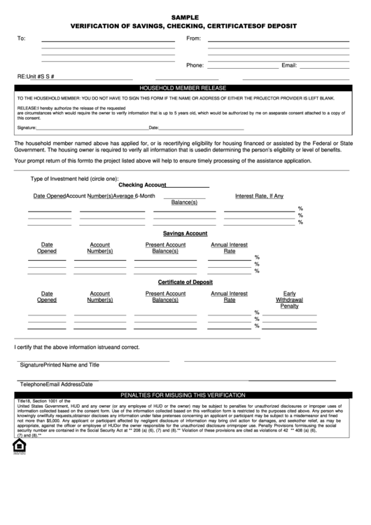 Sample Verification Of Savings, Checking, Certificates Of Deposit ...