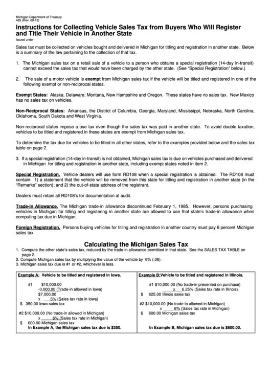 Form 485 Instructions For Collecting Vehicle Sales Tax From Buyers