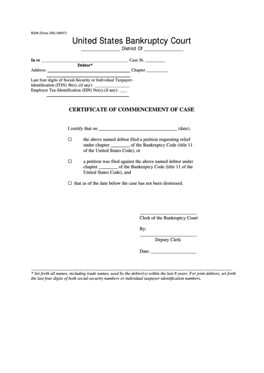 Form 206 - Certificate Of Commencement Of Case printable pdf download