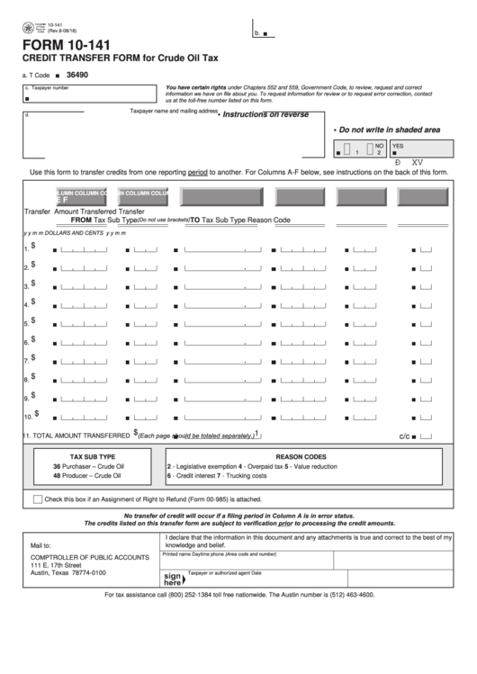 Fillable Form 10-141 - Credit Transfer Form For Crude Oil Tax printable ...