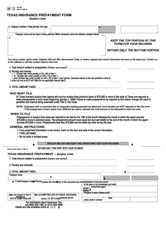 Fillable Form 25-105 - Texas Insurance Prepayment Form printable pdf ...