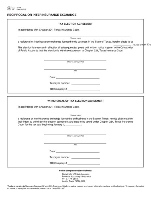 Fillable Form 25-20 - Reciprocal Or Interinsurance Exchange printable ...