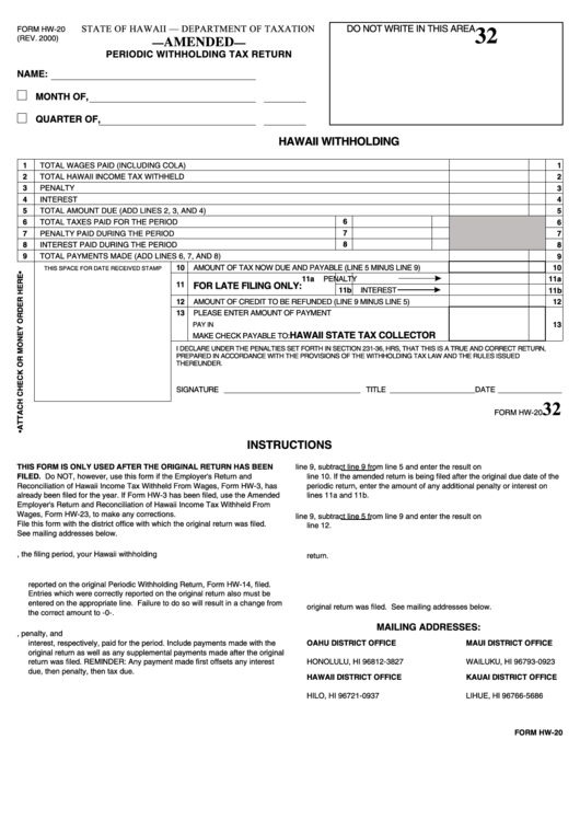 Form Hw-20 - Amended Periodic Withholding Tax Return - 2000 printable ...