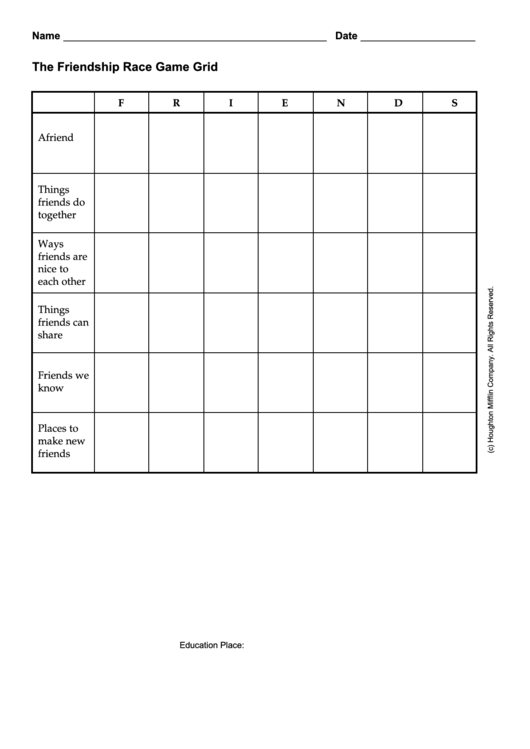 The Friendship Race Game Grid printable pdf download