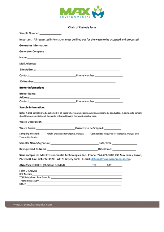 Chain Of Custody Form Printable Pdf Download