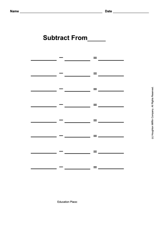 Subtraction Work Sheet Template printable pdf download