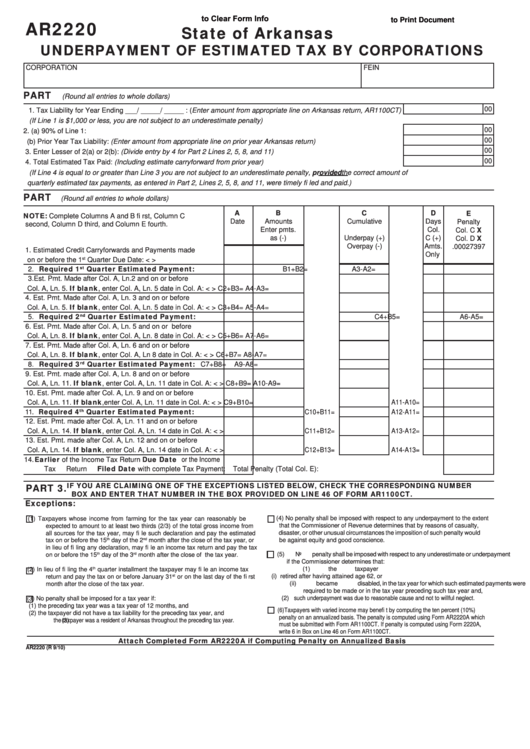Fillable Form Ar2220 - Underpayment Of Estimated Tax By Corporations ...