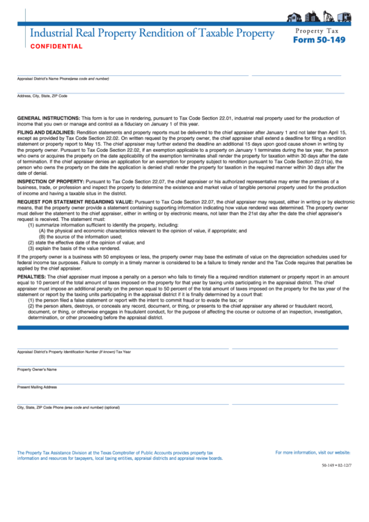 Fillable Form 50-149 - Industrial Real Property Rendition Of Taxable ...