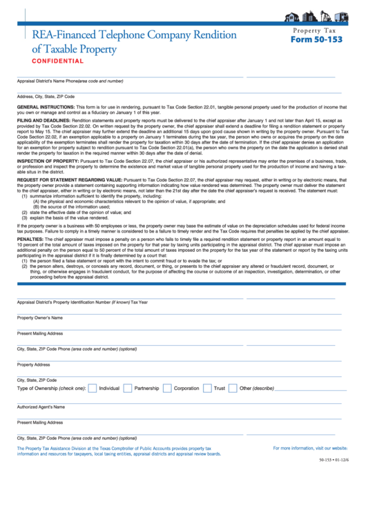 Fillable Form 50-153 - Rea-Financed Telephone Company Rendition Of ...