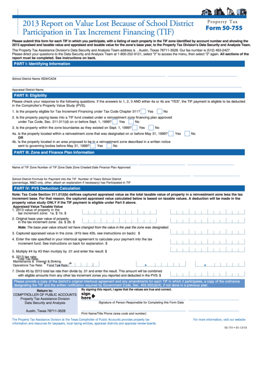 Fillable Form 50-755 - Report On Value Lost Because Of School District ...