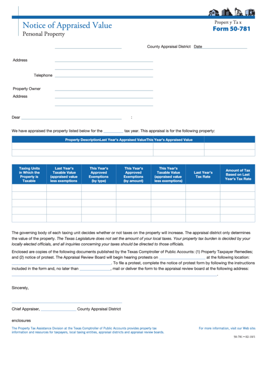 Fillable Form 50-781 - Notice Of Appraised Value printable pdf download