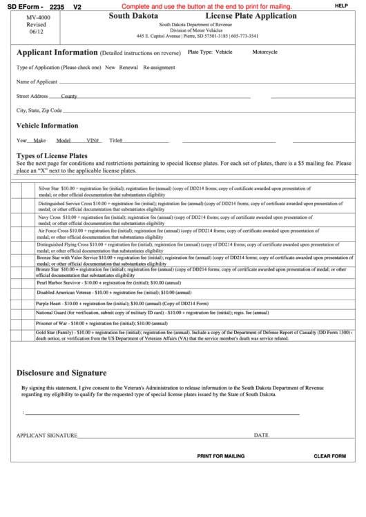 Fillable Sd Eform 2235 V2 - South Dakota License Plate Application ...