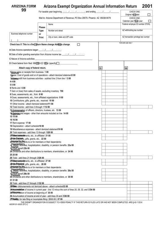 Arizona Form 99 - Exempt Organization Annual Information Return - 2001 printable pdf download